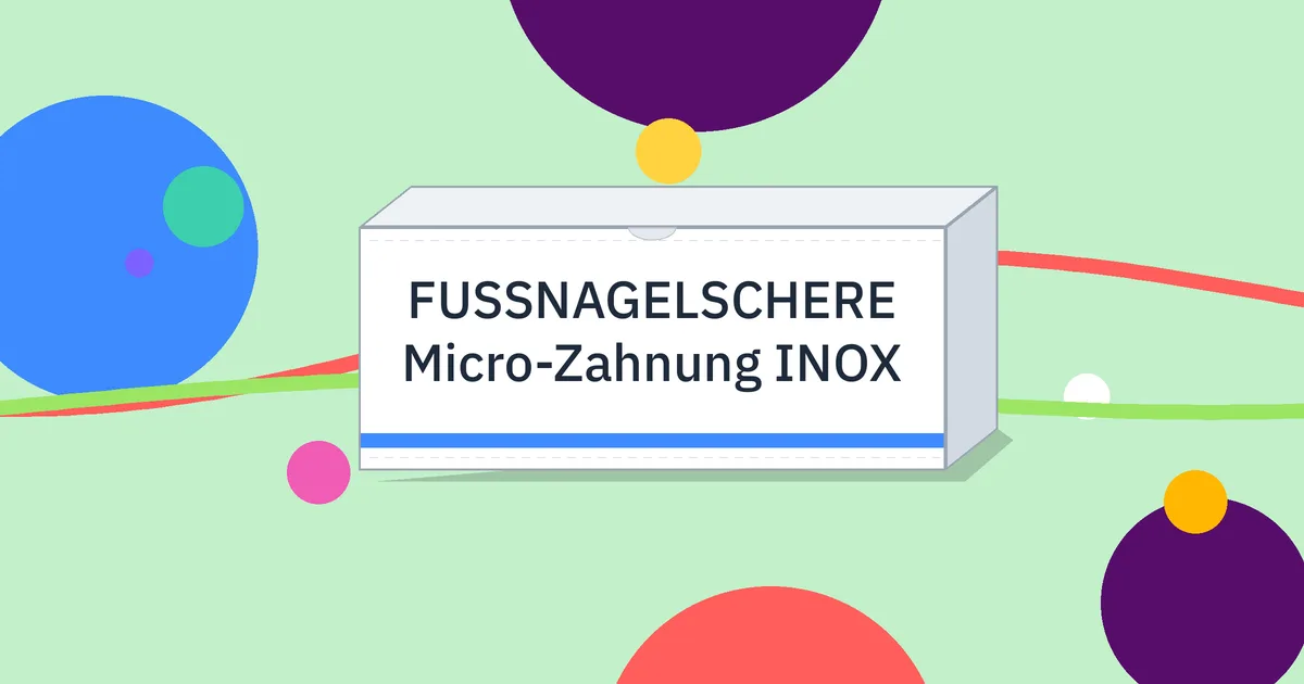 Symbolbild: Packung mit der Aufschrift FUSSNAGELSCHERE Micro-Zahnung INOX (PZN 12364842) – Verfügbarkeit und Bezug in Apotheken in Frankfurt am Main