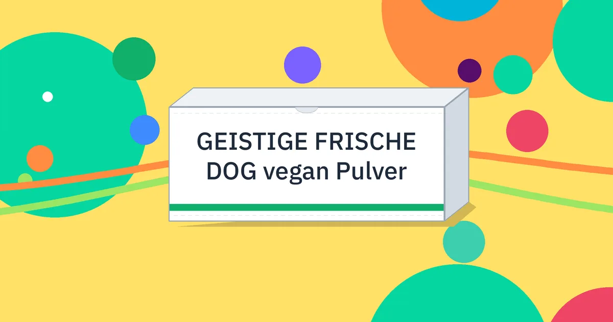 Symbolbild: Packung mit der Aufschrift GEISTIGE FRISCHE DOG vegan Pulver (PZN 15235795) – Verfügbarkeit und Bezug in Apotheken in Frankfurt am Main
