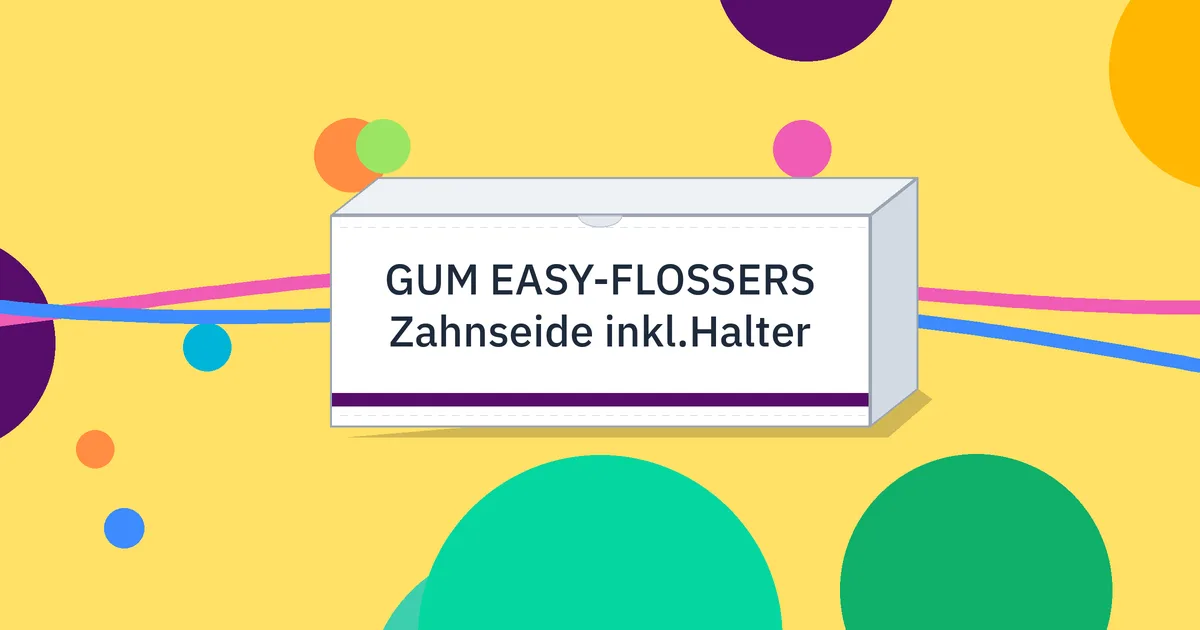 Symbolbild: Packung mit der Aufschrift GUM EASY-FLOSSERS Zahnseide inkl.Halter (PZN 00423700) – Verfügbarkeit und Bezug in Apotheken in Frankfurt am Main