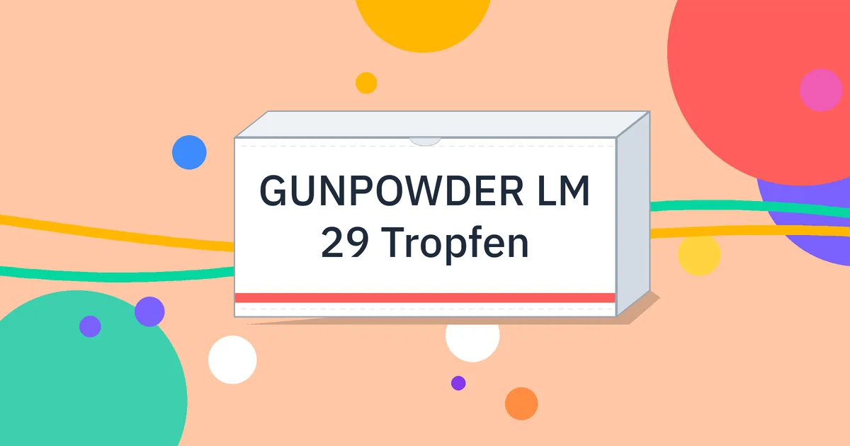 Symbolbild: Packung mit der Aufschrift GUNPOWDER LM 29 Tropfen (PZN 15823836) – Verfügbarkeit und Bezug in Apotheken in Frankfurt am Main