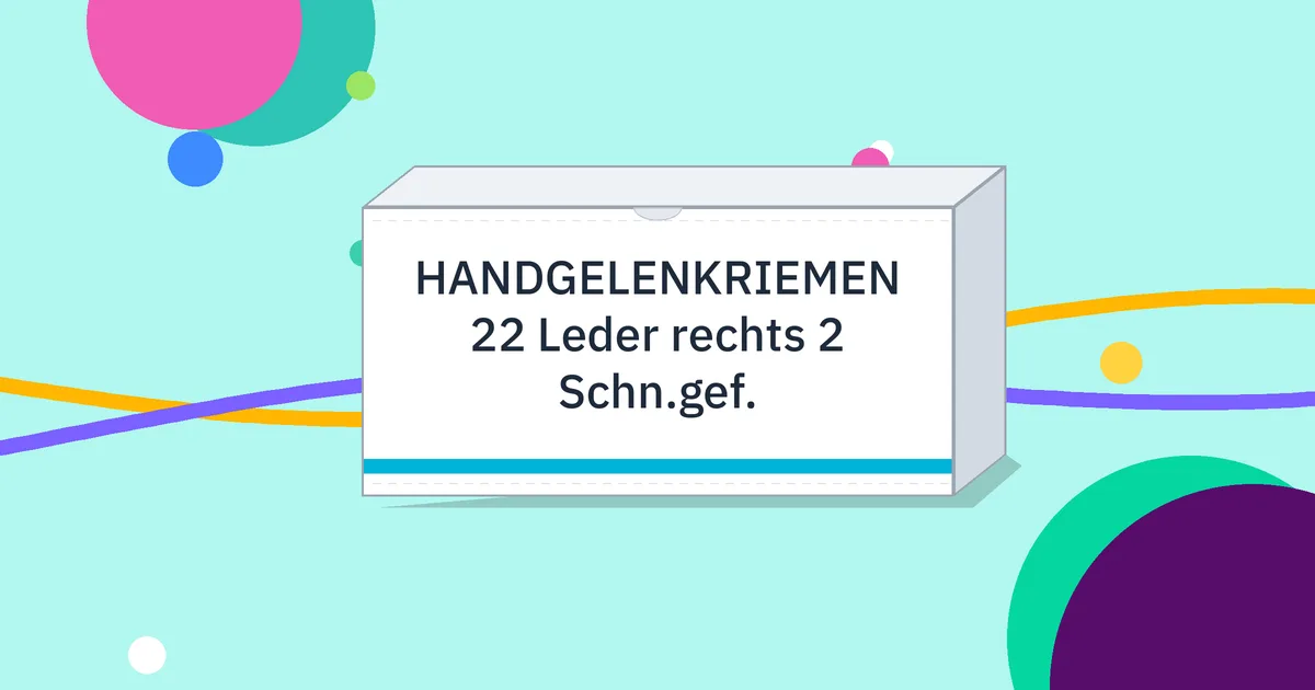 Symbolbild: Packung mit der Aufschrift HANDGELENKRIEMEN 22 Leder rechts 2 Schn.gef. (PZN 03230315) – Verfügbarkeit und Bezug in Apotheken in Frankfurt am Main