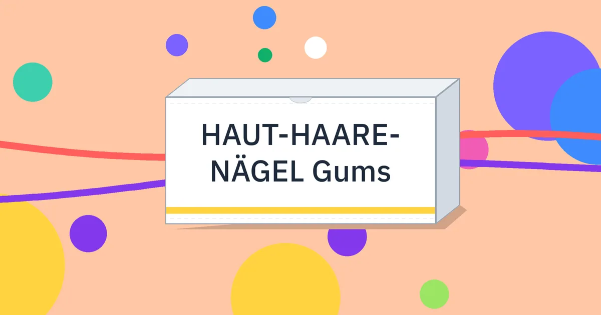 Symbolbild: Packung mit der Aufschrift HAUT-HAARE-NÄGEL Gums (PZN 19909931) – Verfügbarkeit und Bezug in Apotheken in Frankfurt am Main