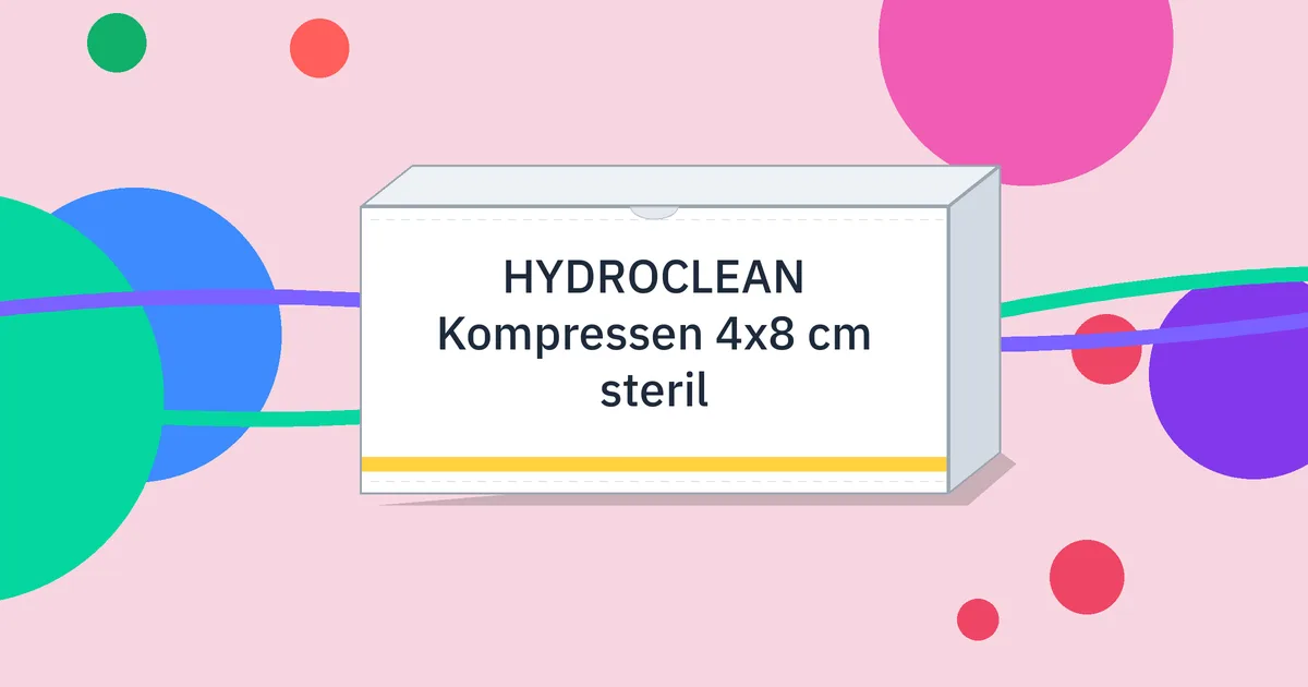 Symbolbild: Packung mit der Aufschrift HYDROCLEAN Kompressen 4x8 cm steril (PZN 19127281) – Verfügbarkeit und Bezug in Apotheken in Frankfurt am Main
