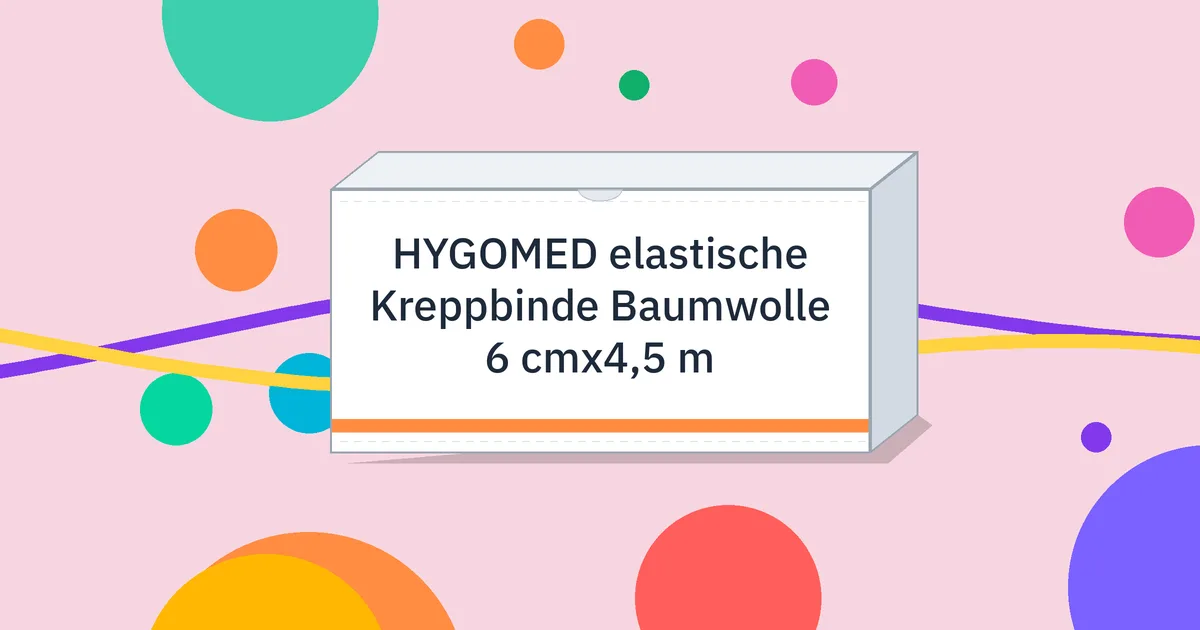 Symbolbild: Packung mit der Aufschrift HYGOMED elastische Kreppbinde Baumwolle 6 cmx4,5 m (PZN 20382989) – Verfügbarkeit und Bezug in Apotheken in Frankfurt am Main