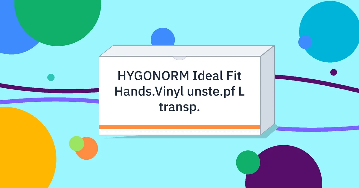 Symbolbild: Packung mit der Aufschrift HYGONORM Ideal Fit Hands.Vinyl unste.pf L transp. (PZN 20773603) – Verfügbarkeit und Bezug in Apotheken in Frankfurt am Main