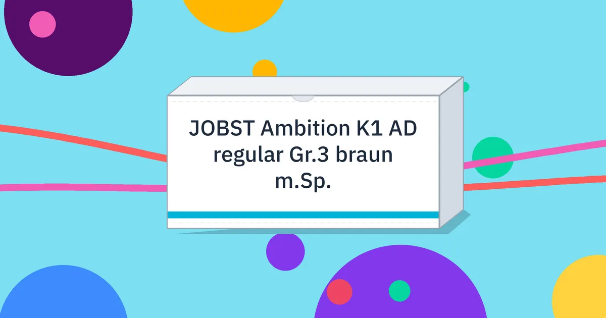 Symbolbild: Packung mit der Aufschrift JOBST Ambition K1 AD regular Gr.3 braun m.Sp. (PZN 11020187) – Verfügbarkeit und Bezug in Apotheken in Frankfurt am Main
