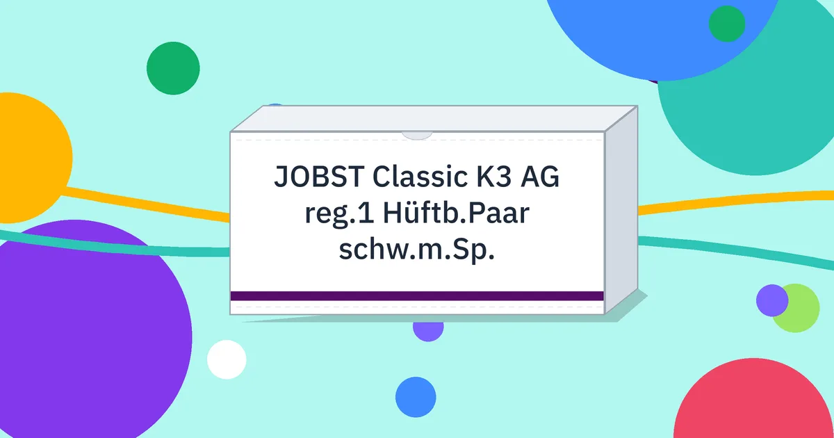 Symbolbild: Packung mit der Aufschrift JOBST Classic K3 AG reg.1 Hüftb.Paar schw.m.Sp. (PZN 13075896) – Verfügbarkeit und Bezug in Apotheken in Frankfurt am Main