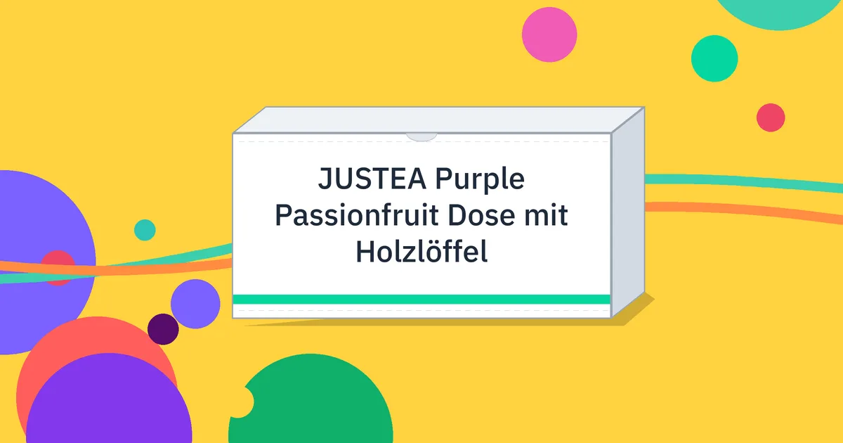 Symbolbild: Packung mit der Aufschrift JUSTEA Purple Passionfruit Dose mit Holzlöffel (PZN 15419650) – Verfügbarkeit und Bezug in Apotheken in Frankfurt am Main