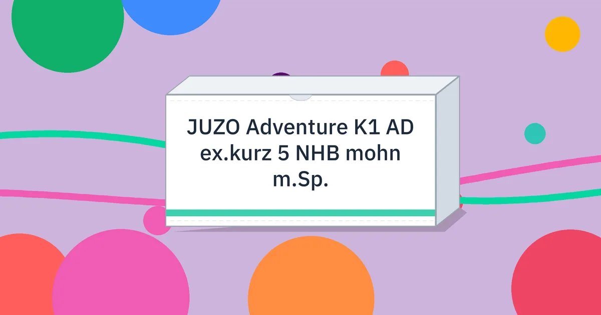 Symbolbild: Packung mit der Aufschrift JUZO Adventure K1 AD ex.kurz 5 NHB mohn m.Sp. (PZN 14975722) – Verfügbarkeit und Bezug in Apotheken in Frankfurt am Main