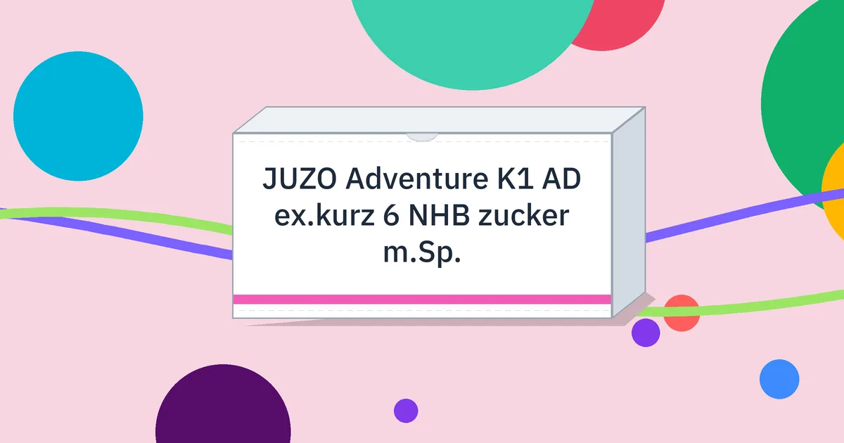 Symbolbild: Packung mit der Aufschrift JUZO Adventure K1 AD ex.kurz 6 NHB zucker m.Sp. (PZN 16344138) – Verfügbarkeit und Bezug in Apotheken in Frankfurt am Main
