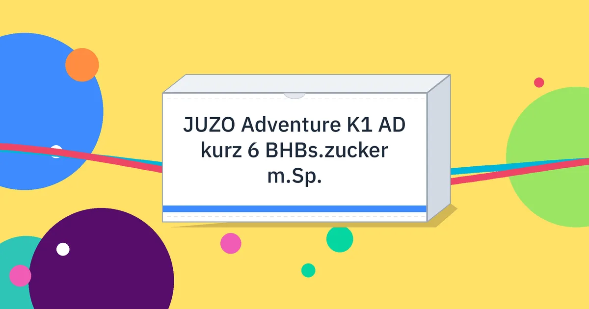 Symbolbild: Packung mit der Aufschrift JUZO Adventure K1 AD kurz 6 BHBs.zucker m.Sp. (PZN 16343050) – Verfügbarkeit und Bezug in Apotheken in Frankfurt am Main