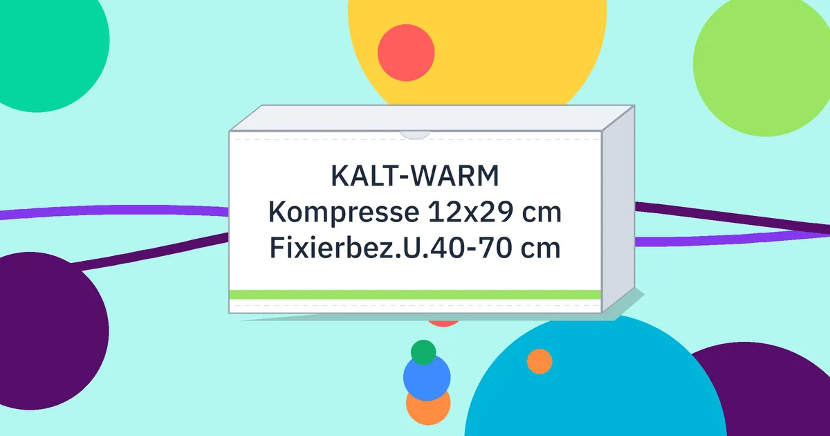 Symbolbild: Packung mit der Aufschrift KALT-WARM Kompresse 12x29 cm Fixierbez.U.40-70 cm (PZN 03903062) – Verfügbarkeit und Bezug in Apotheken in Frankfurt am Main