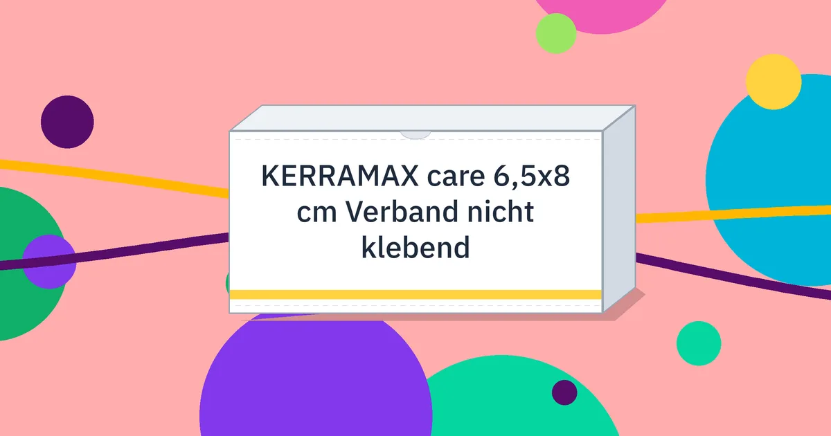 Symbolbild: Packung mit der Aufschrift KERRAMAX care 6,5x8 cm Verband nicht klebend (PZN 15882661) – Verfügbarkeit und Bezug in Apotheken in Frankfurt am Main