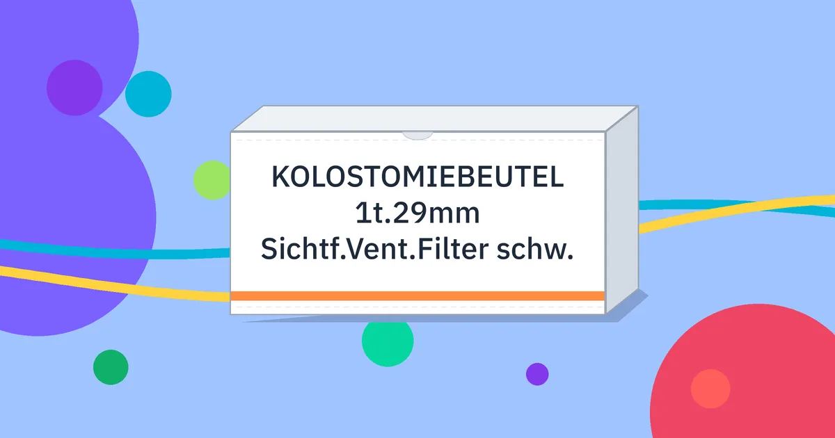 Symbolbild: Packung mit der Aufschrift KOLOSTOMIEBEUTEL 1t.29mm Sichtf.Vent.Filter schw. (PZN 18423899) – Verfügbarkeit und Bezug in Apotheken in Frankfurt am Main
