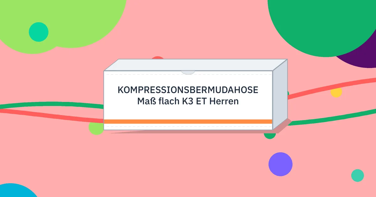 Symbolbild: Packung mit der Aufschrift KOMPRESSIONSBERMUDAHOSE Maß flach K3 ET Herren (PZN 16746026) – Verfügbarkeit und Bezug in Apotheken in Frankfurt am Main