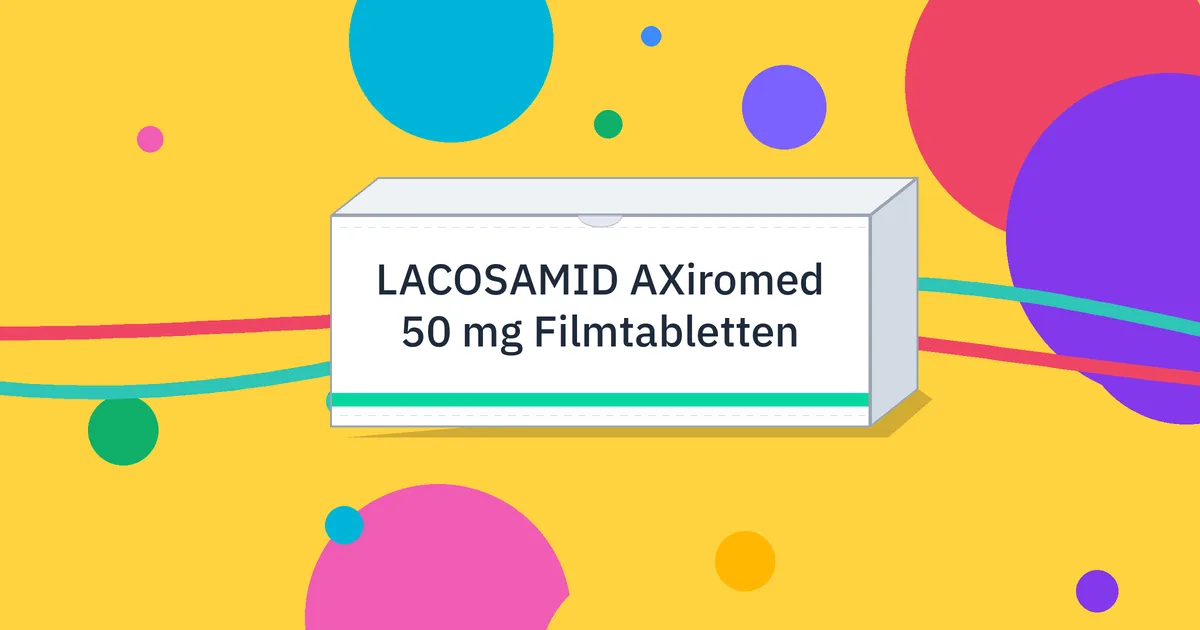 Symbolbild: Packung mit der Aufschrift LACOSAMID AXiromed 50 mg Filmtabletten (PZN 18059011) – Verfügbarkeit und Bezug in Apotheken in Frankfurt am Main