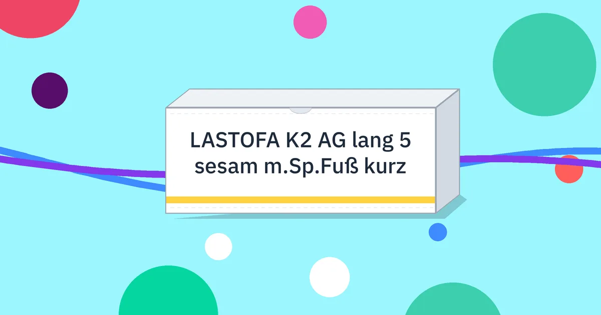 Symbolbild: Packung mit der Aufschrift LASTOFA K2 AG lang 5 sesam m.Sp.Fuß kurz (PZN 13806621) – Verfügbarkeit und Bezug in Apotheken in Frankfurt am Main