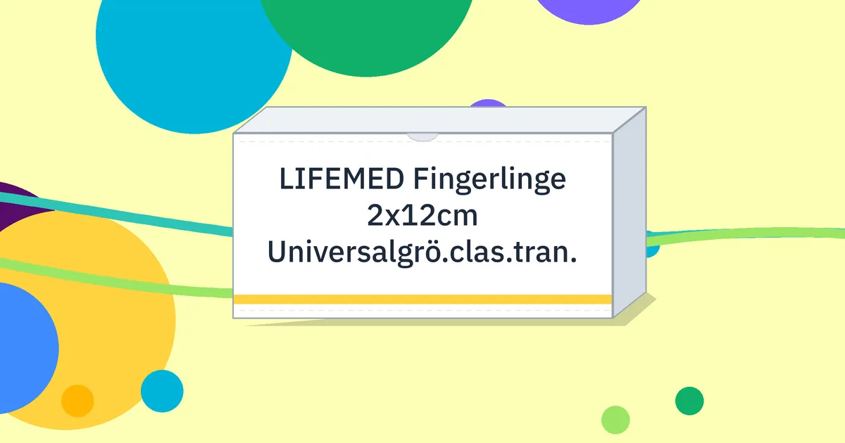Symbolbild: Packung mit der Aufschrift LIFEMED Fingerlinge 2x12cm Universalgrö.clas.tran. (PZN 18098005) – Verfügbarkeit und Bezug in Apotheken in Frankfurt am Main