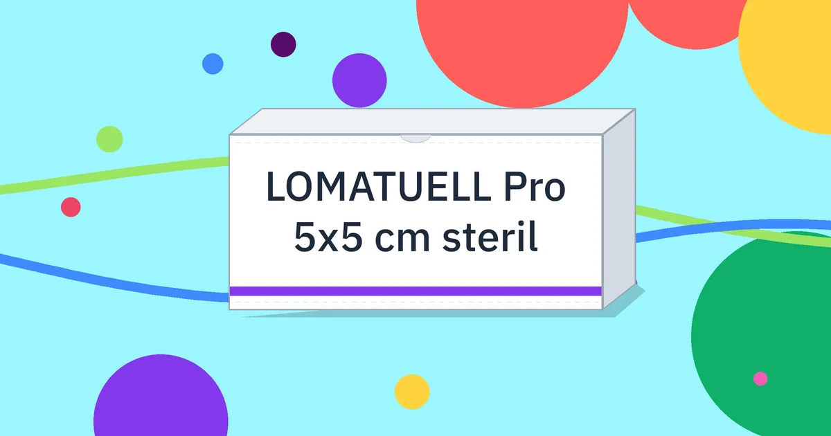Symbolbild: Packung mit der Aufschrift LOMATUELL Pro 5x5 cm steril (PZN 15611264) – Verfügbarkeit und Bezug in Apotheken in Frankfurt am Main