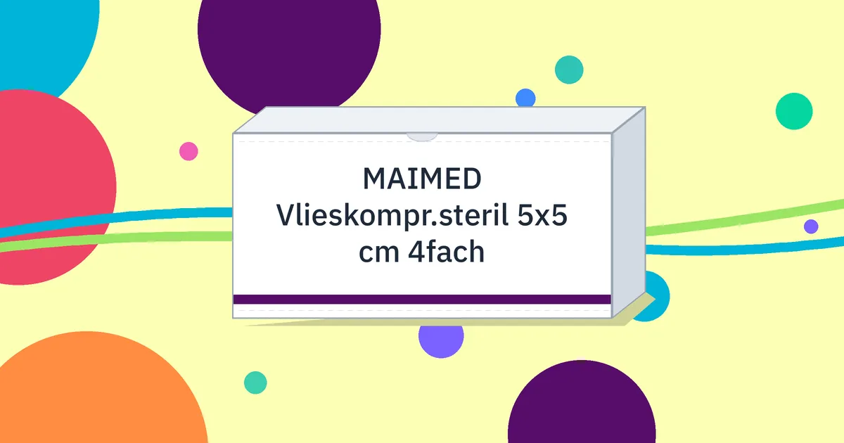 Symbolbild: Packung mit der Aufschrift MAIMED Vlieskompr.steril 5x5 cm 4fach (PZN 03188234) – Verfügbarkeit und Bezug in Apotheken in Frankfurt am Main