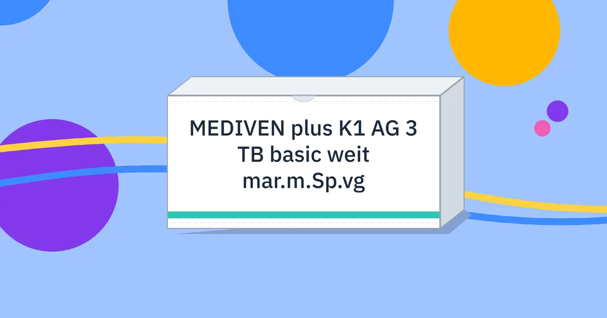 Symbolbild: Packung mit der Aufschrift MEDIVEN plus K1 AG 3 TB basic weit mar.m.Sp.vg (PZN 15058117) – Verfügbarkeit und Bezug in Apotheken in Frankfurt am Main