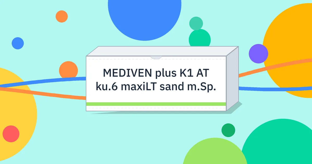 Symbolbild: Packung mit der Aufschrift MEDIVEN plus K1 AT ku.6 maxiLT sand m.Sp. (PZN 18942814) – Verfügbarkeit und Bezug in Apotheken in Frankfurt am Main