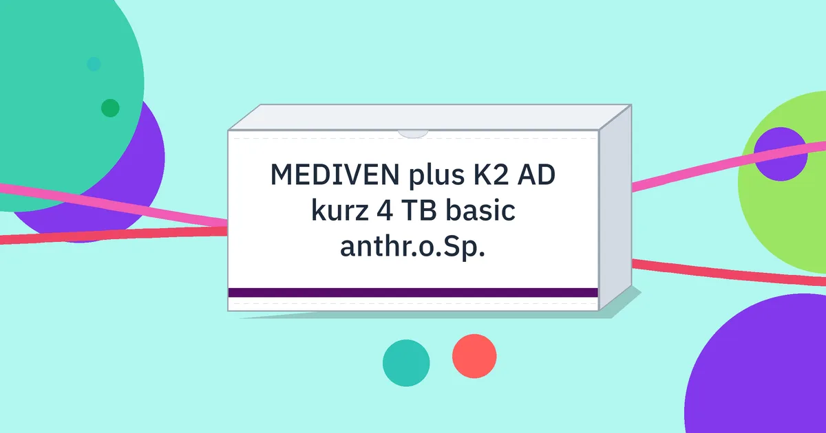 Symbolbild: Packung mit der Aufschrift MEDIVEN plus K2 AD kurz 4 TB basic anthr.o.Sp. (PZN 15097896) – Verfügbarkeit und Bezug in Apotheken in Frankfurt am Main