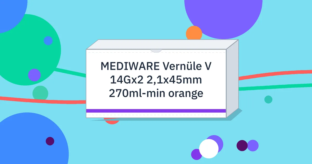 Symbolbild: Packung mit der Aufschrift MEDIWARE Vernüle V 14Gx2 2,1x45mm 270ml-min orange (PZN 16034283) – Verfügbarkeit und Bezug in Apotheken in Frankfurt am Main