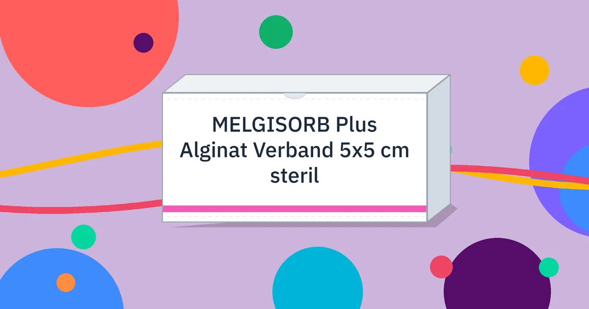 Symbolbild: Packung mit der Aufschrift MELGISORB Plus Alginat Verband 5x5 cm steril (PZN 10263887) – Verfügbarkeit und Bezug in Apotheken in Frankfurt am Main