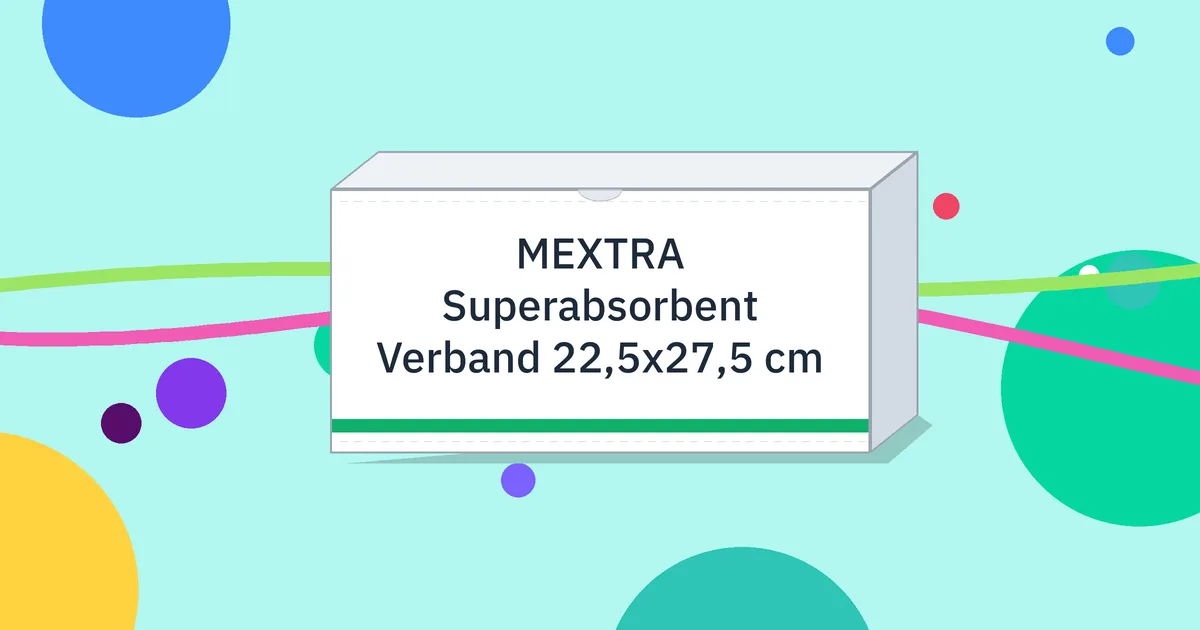 Symbolbild: Packung mit der Aufschrift MEXTRA Superabsorbent Verband 22,5x27,5 cm (PZN 13965928) – Verfügbarkeit und Bezug in Apotheken in Frankfurt am Main