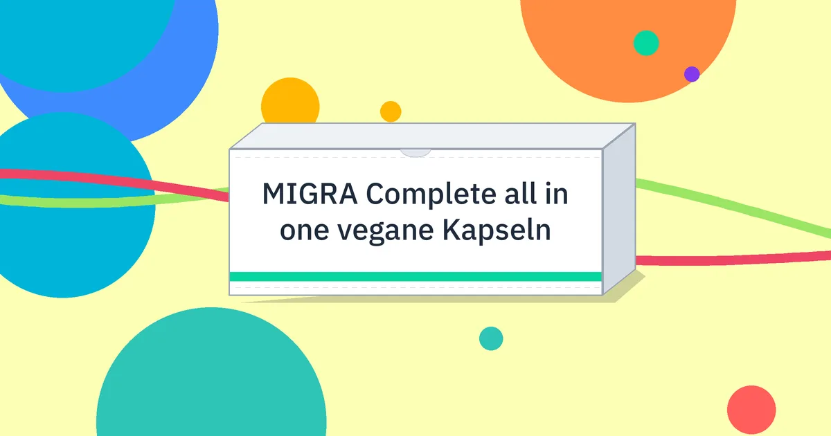 Symbolbild: Packung mit der Aufschrift MIGRA Complete all in one vegane Kapseln (PZN 18799624) – Verfügbarkeit und Bezug in Apotheken in Frankfurt am Main