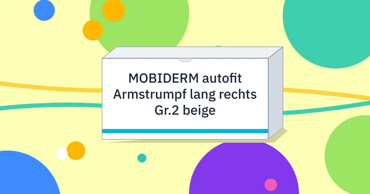 Symbolbild: Packung mit der Aufschrift MOBIDERM autofit Armstrumpf lang rechts Gr.2 beige (PZN 13969665) – Verfügbarkeit und Bezug in Apotheken in Frankfurt am Main