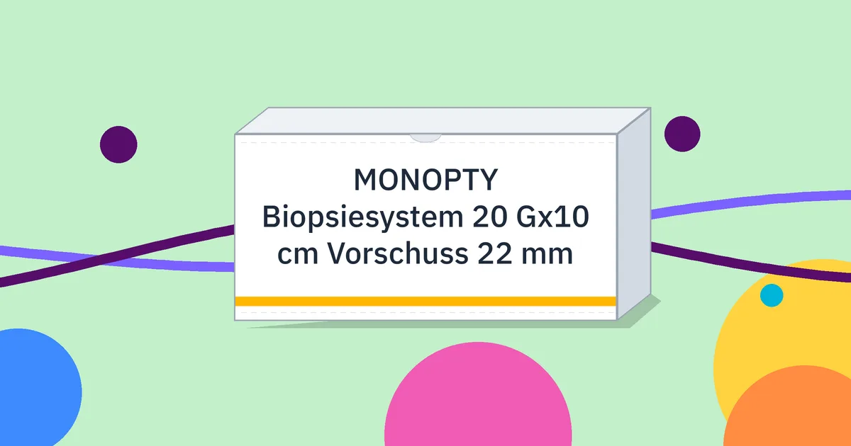 Symbolbild: Packung mit der Aufschrift MONOPTY Biopsiesystem 20 Gx10 cm Vorschuss 22 mm (PZN 03470232) – Verfügbarkeit und Bezug in Apotheken in Frankfurt am Main