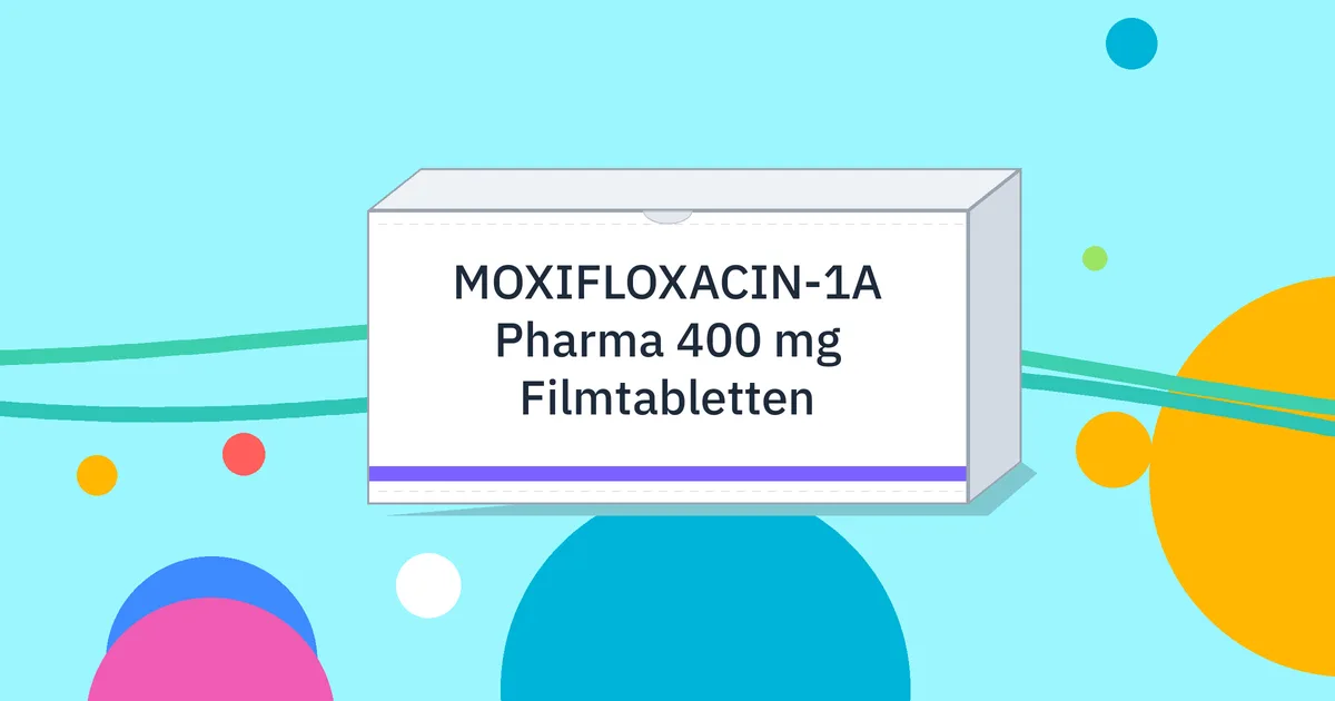 Symbolbild: Packung mit der Aufschrift MOXIFLOXACIN-1A Pharma 400 mg Filmtabletten (PZN 13198334) – Verfügbarkeit und Bezug in Apotheken in Frankfurt am Main
