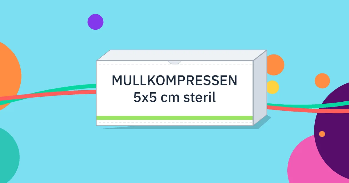 Symbolbild: Packung mit der Aufschrift MULLKOMPRESSEN 5x5 cm steril (PZN 20123650) – Verfügbarkeit und Bezug in Apotheken in Frankfurt am Main