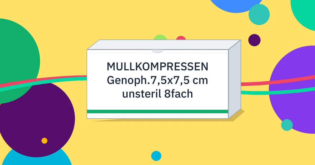 Symbolbild: Packung mit der Aufschrift MULLKOMPRESSEN Genoph.7,5x7,5 cm unsteril 8fach (PZN 02548593) – Verfügbarkeit und Bezug in Apotheken in Frankfurt am Main