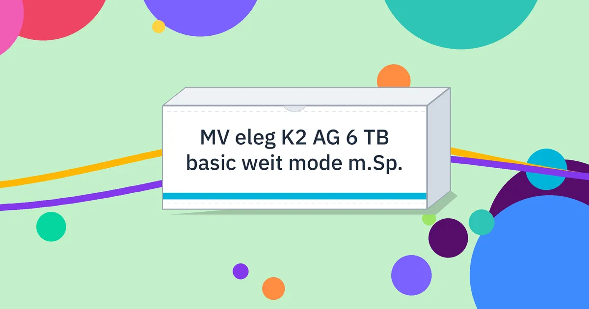 Symbolbild: Packung mit der Aufschrift MV eleg K2 AG 6 TB basic weit mode m.Sp. (PZN 09866830) – Verfügbarkeit und Bezug in Apotheken in Frankfurt am Main