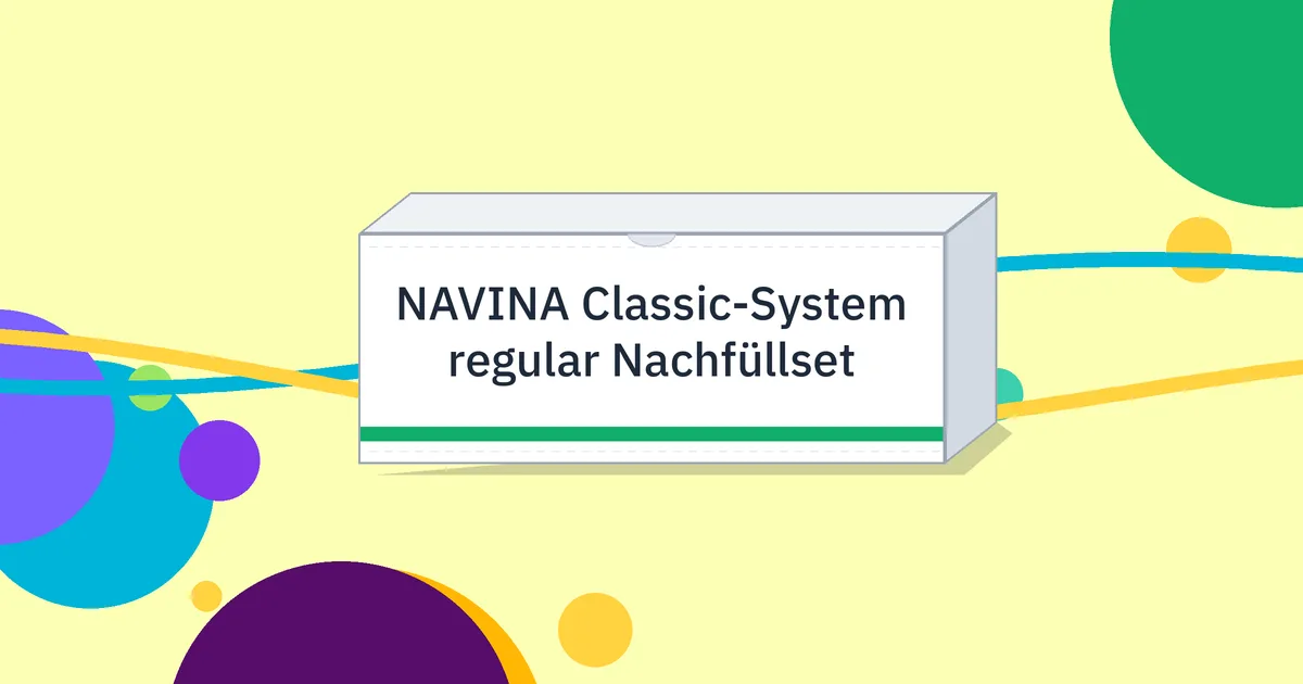 Symbolbild: Packung mit der Aufschrift NAVINA Classic-System regular Nachfüllset (PZN 11870402) – Verfügbarkeit und Bezug in Apotheken in Frankfurt am Main