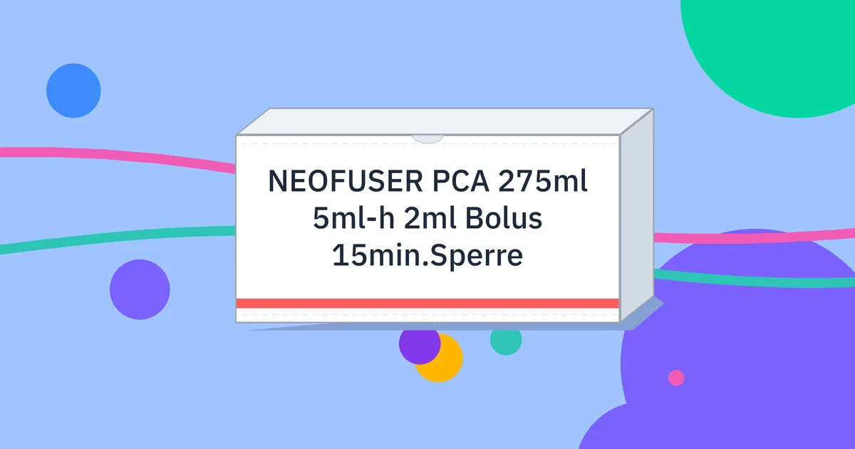 Symbolbild: Packung mit der Aufschrift NEOFUSER PCA 275ml 5ml-h 2ml Bolus 15min.Sperre (PZN 16512558) – Verfügbarkeit und Bezug in Apotheken in Frankfurt am Main