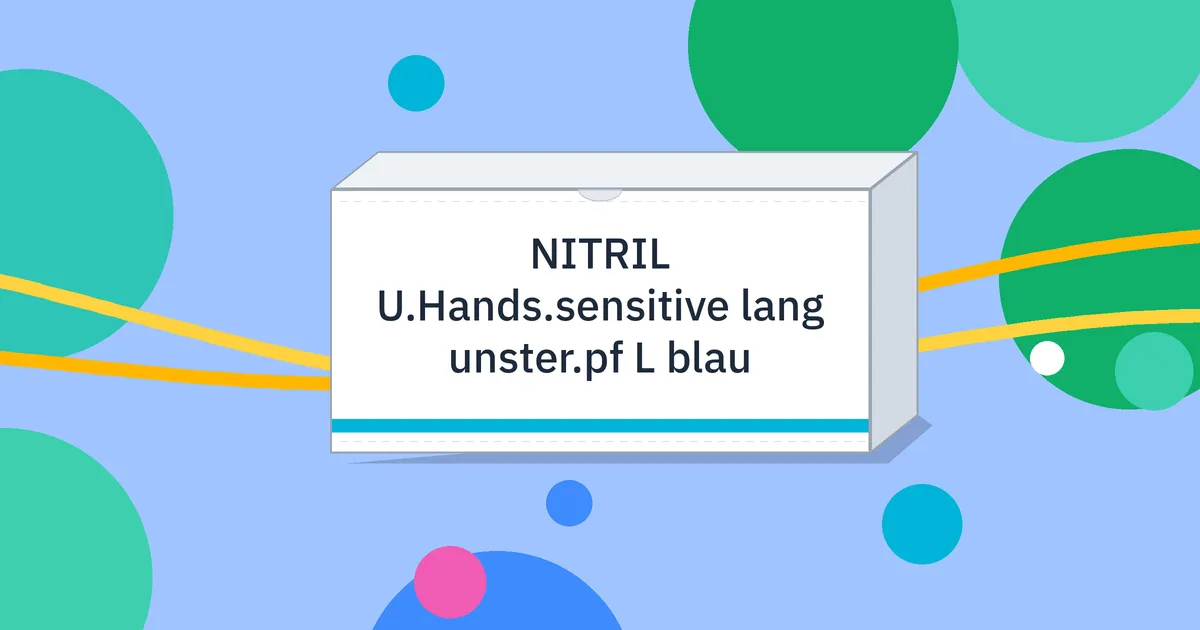 Symbolbild: Packung mit der Aufschrift NITRIL U.Hands.sensitive lang unster.pf L blau (PZN 10947700) – Verfügbarkeit und Bezug in Apotheken in Frankfurt am Main