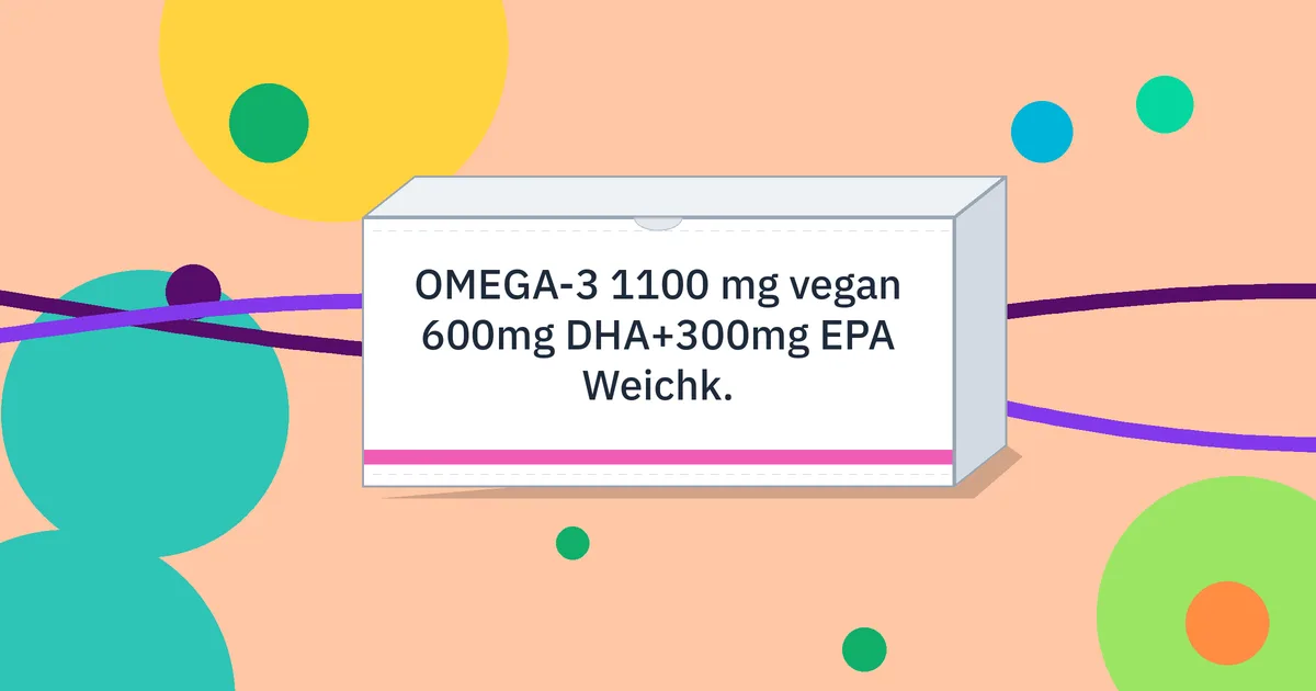 Symbolbild: Packung mit der Aufschrift OMEGA-3 1100 mg vegan 600mg DHA+300mg EPA Weichk. (PZN 18679587) – Verfügbarkeit und Bezug in Apotheken in Frankfurt am Main