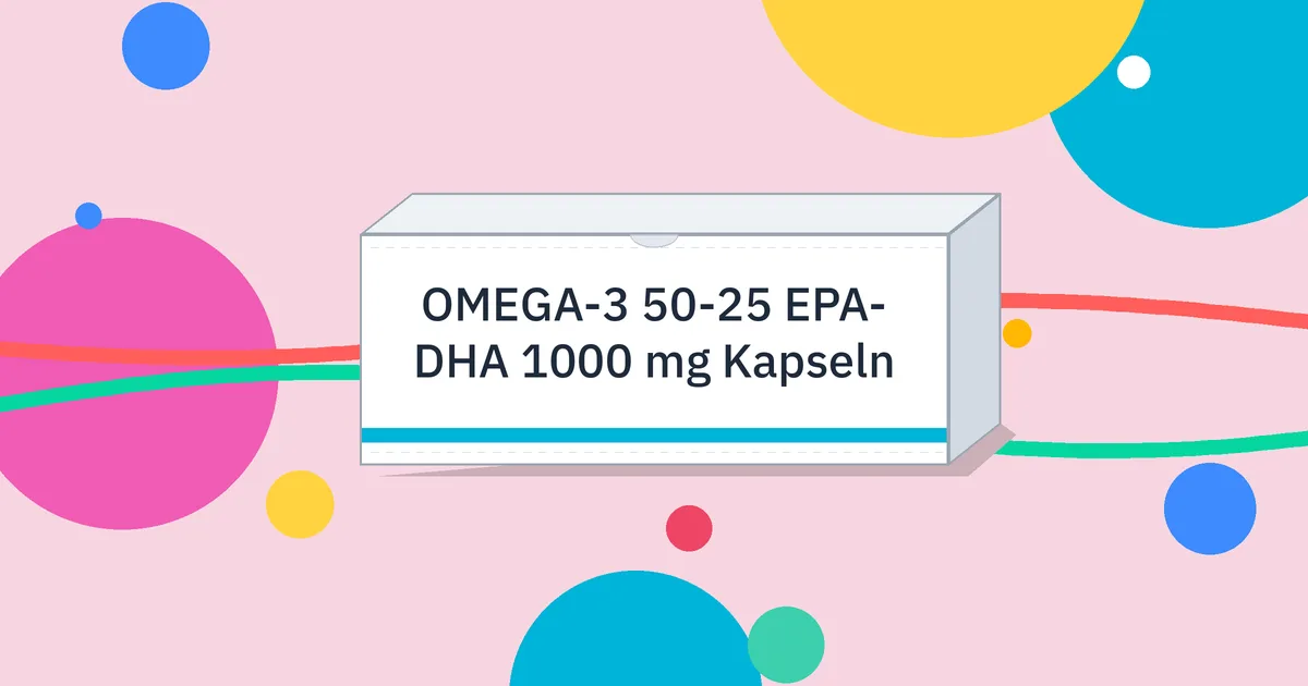 Symbolbild: Packung mit der Aufschrift OMEGA-3 50-25 EPA-DHA 1000 mg Kapseln (PZN 17255827) – Verfügbarkeit und Bezug in Apotheken in Frankfurt am Main