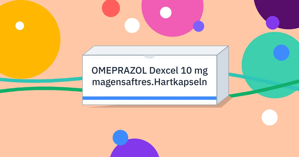 Symbolbild: Packung mit der Aufschrift OMEPRAZOL Dexcel 10 mg magensaftres.Hartkapseln (PZN 09684253) – Verfügbarkeit und Bezug in Apotheken in Frankfurt am Main