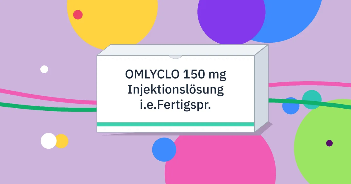 Symbolbild: Packung mit der Aufschrift OMLYCLO 150 mg Injektionslösung i.e.Fertigspr. (PZN 20292654) – Verfügbarkeit und Bezug in Apotheken in Frankfurt am Main