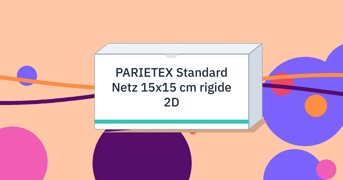 Symbolbild: Packung mit der Aufschrift PARIETEX Standard Netz 15x15 cm rigide 2D (PZN 00431071) – Verfügbarkeit und Bezug in Apotheken in Frankfurt am Main