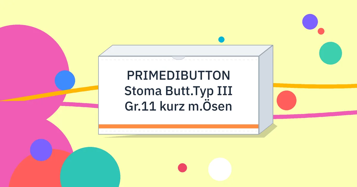 Symbolbild: Packung mit der Aufschrift PRIMEDIBUTTON Stoma Butt.Typ III Gr.11 kurz m.Ösen (PZN 10791557) – Verfügbarkeit und Bezug in Apotheken in Frankfurt am Main