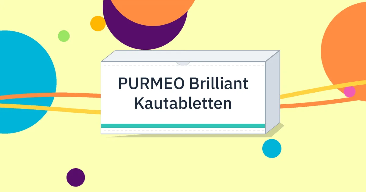 Symbolbild: Packung mit der Aufschrift PURMEO Brilliant Kautabletten (PZN 17638534) – Verfügbarkeit und Bezug in Apotheken in Frankfurt am Main
