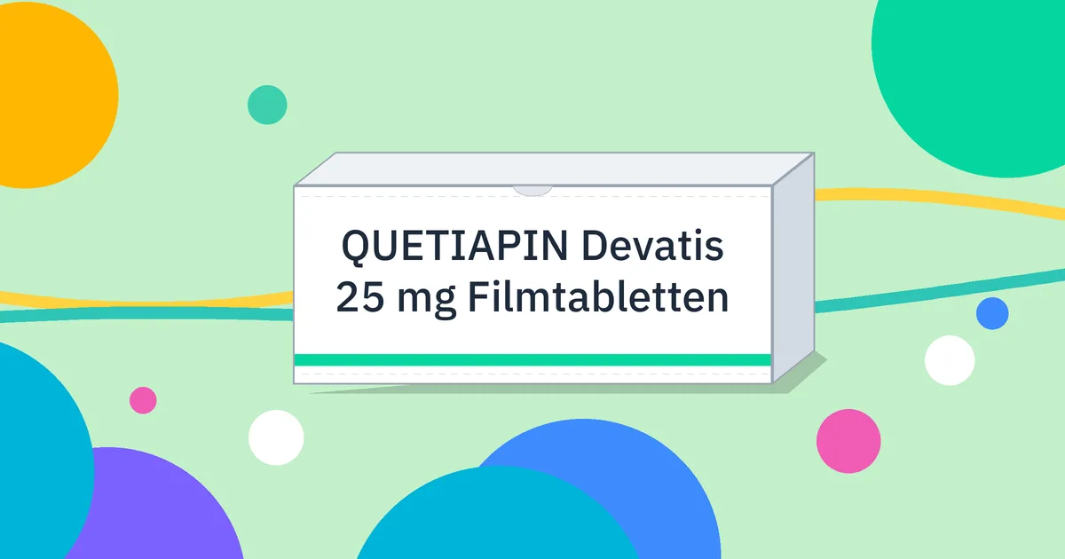 Symbolbild: Packung mit der Aufschrift QUETIAPIN Devatis 25 mg Filmtabletten (PZN 11483993) – Verfügbarkeit und Bezug in Apotheken in Frankfurt am Main