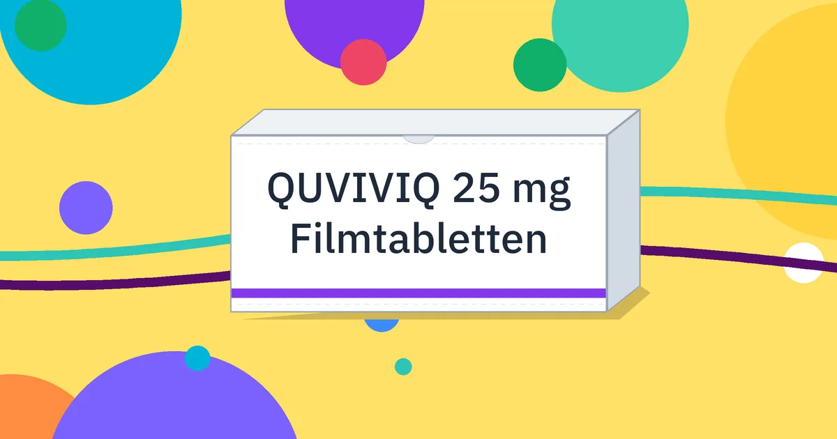 Symbolbild: Packung mit der Aufschrift QUVIVIQ 25 mg Filmtabletten (PZN 19495168) – Verfügbarkeit und Bezug in Apotheken in Frankfurt am Main