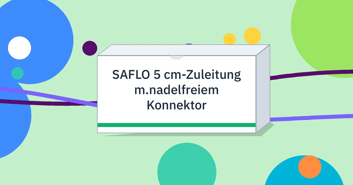 Symbolbild: Packung mit der Aufschrift SAFLO 5 cm-Zuleitung m.nadelfreiem Konnektor (PZN 13346088) – Verfügbarkeit und Bezug in Apotheken in Frankfurt am Main